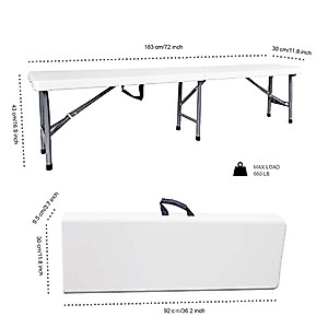 Todeco 6FT Folding Bench White 2Pcs, Portable Garden Picnic Party Camping Dining Bench Seat with Carrying Handle,Use Indoor/Outdoor, Max Load 660 Lbs