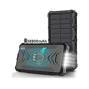 Solar Power Bank,Solar Charger 38800mAh, Qi Wireless Charger, Outputs 5V/3A High-Speed & 2 Inputs Huge Capacity Phone Charger for Smartphones, IP66 Rating, Strong Light LED Flashlights (Black)