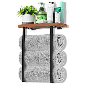 PinPon Towel Rack for Bathroom Wall Mounted Rolled Towel Holder with Wood Shelf for Bath Decor Black Minimalist Towel Organizer for Small Bathroom Bedroom RV Spa Salon