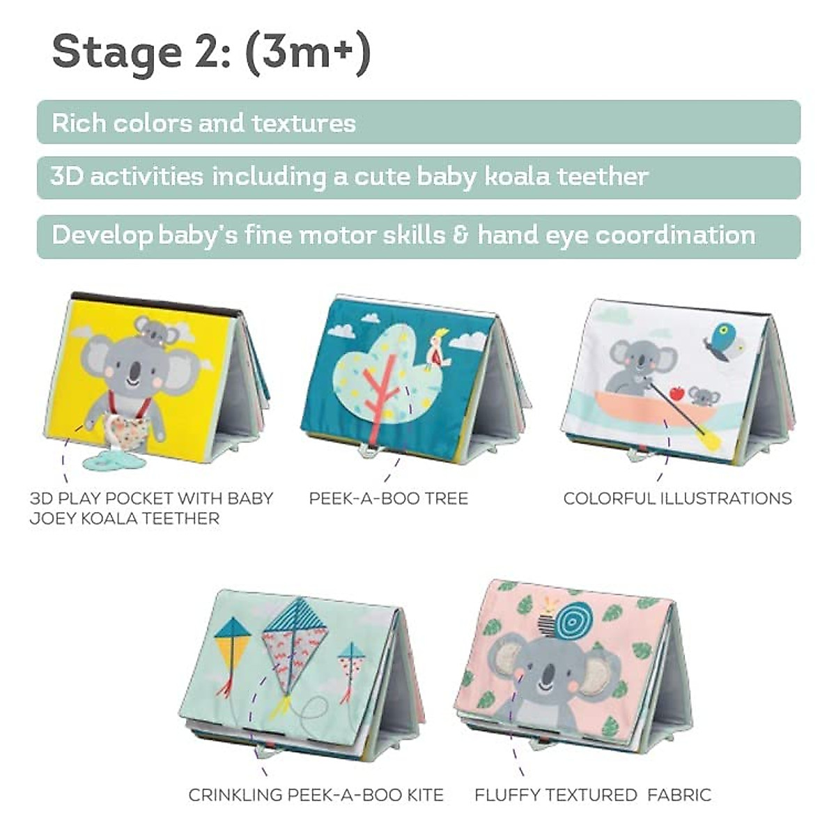 Taf Toys Koala Infant Tummy-time High Contrast Soft Crinkle Activity Book with Huge Baby Safe Mirror, 3D Activities, Textures and a Soft Baby Teether