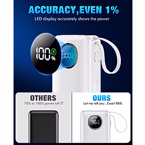 Portable-Charger-Power-Bank - 15000mAh PD 30W Power Bank, Built in Type-C(30W) and iOS(20W) Output Cables LED Display for iPhone and Android Phones and Most Electronic Devices(White)