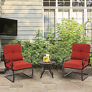 CrownLand 3 Piece Patio Furniture Outdoor Bistro Set Metal Action Lounge Cushioned Chairs and Bistro Round Table Set, Wrought Iron Cafe Furniture Set,Red
