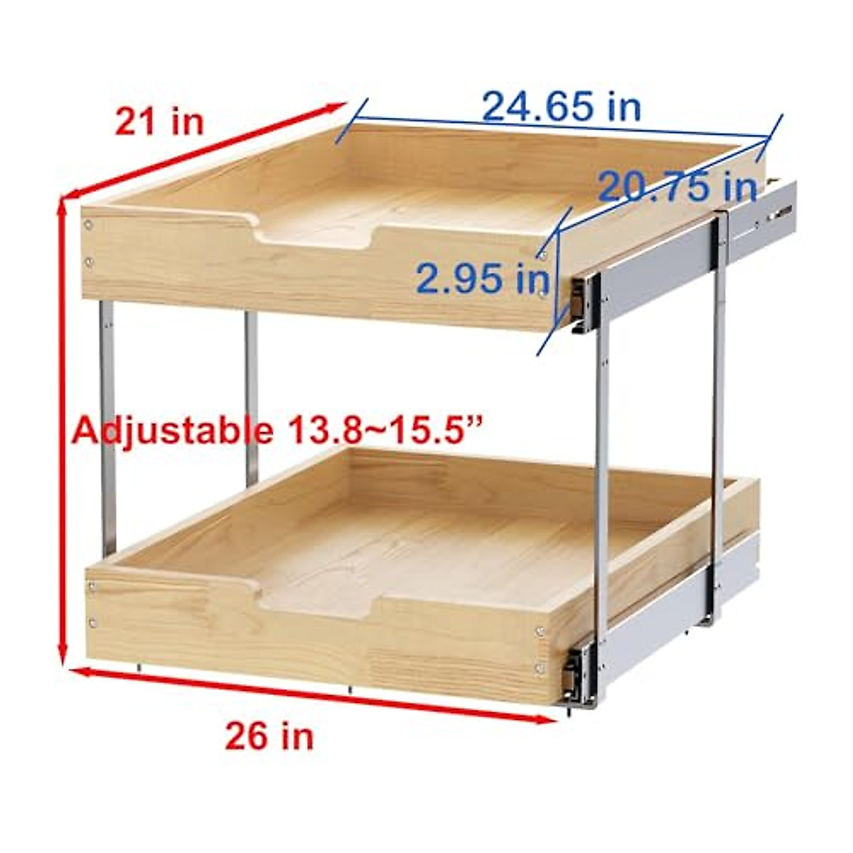 Sikarou Wood Pull Out Cabinet Organizer 2 Tie 26" W x 21" D, Heavy-Duty Sliding Drawers for Inside Cabinets Storage and Organization for Kitchen, Pantry, Bathroom