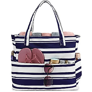 LEDAOU Beach Bag Sandproof Women Tote Bag Pool Bag with Zipper for Gym Grocery Travel with Wet Pocket (Blue White Stripes)