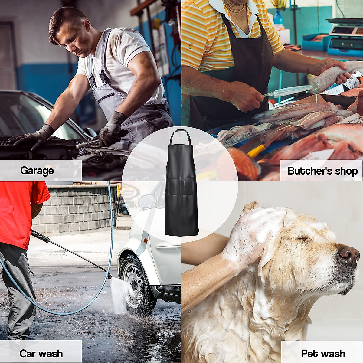 FunChaos Black Waterproof Apron, Heavy Duty Work Apron, Artificial Leather Apron Ideal for Chef, Butcher, Barber, DishWashing, Cleaning, Dog Grooming (Plus Size)