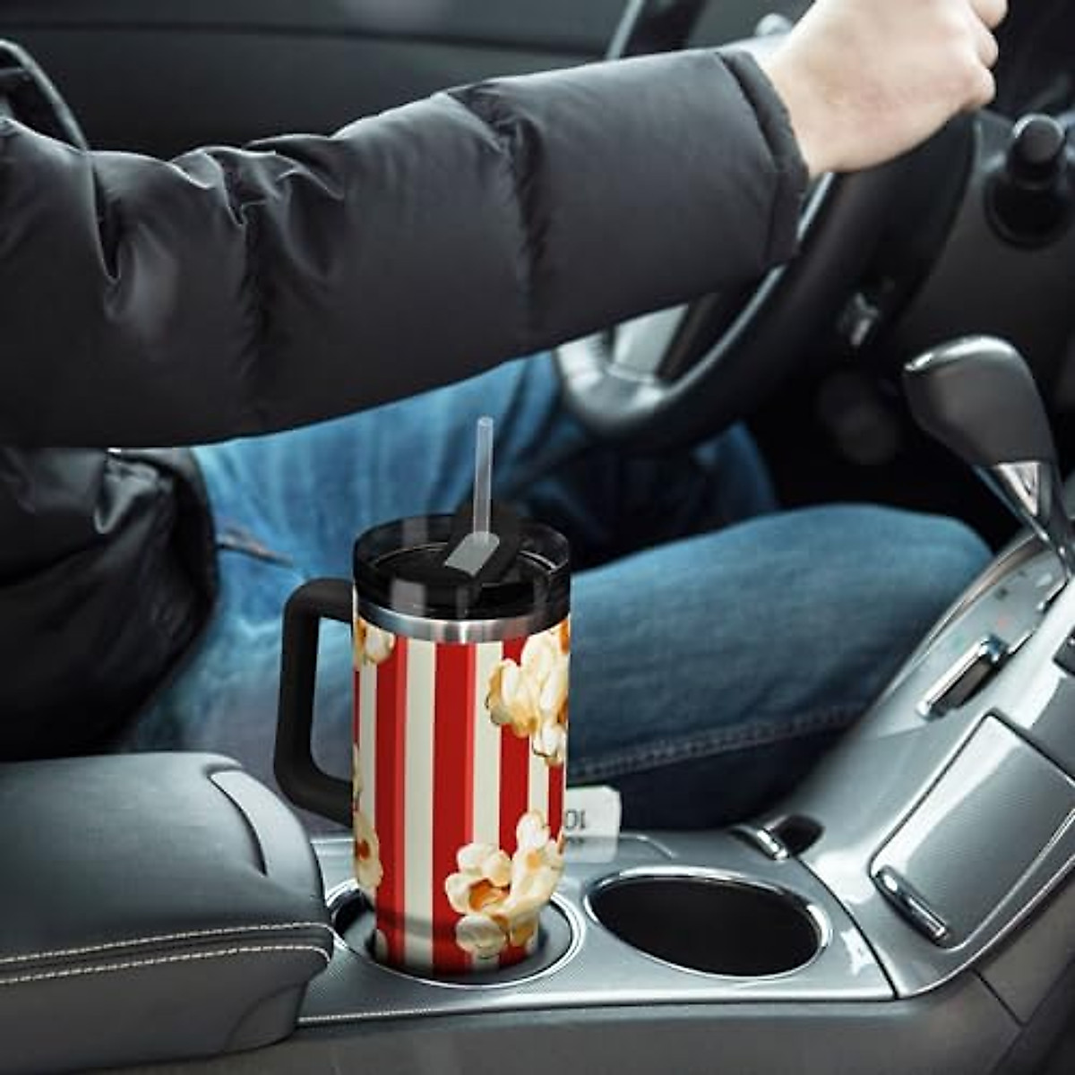 Selerdon 40 oz Tumbler Popcorn Red Striped with Handle and Straw Lid Vacuum Stainless Steel Insulated Water Bottle Travel Mug Car Cup Holder Friendly BPA Free for Gym Travel Office