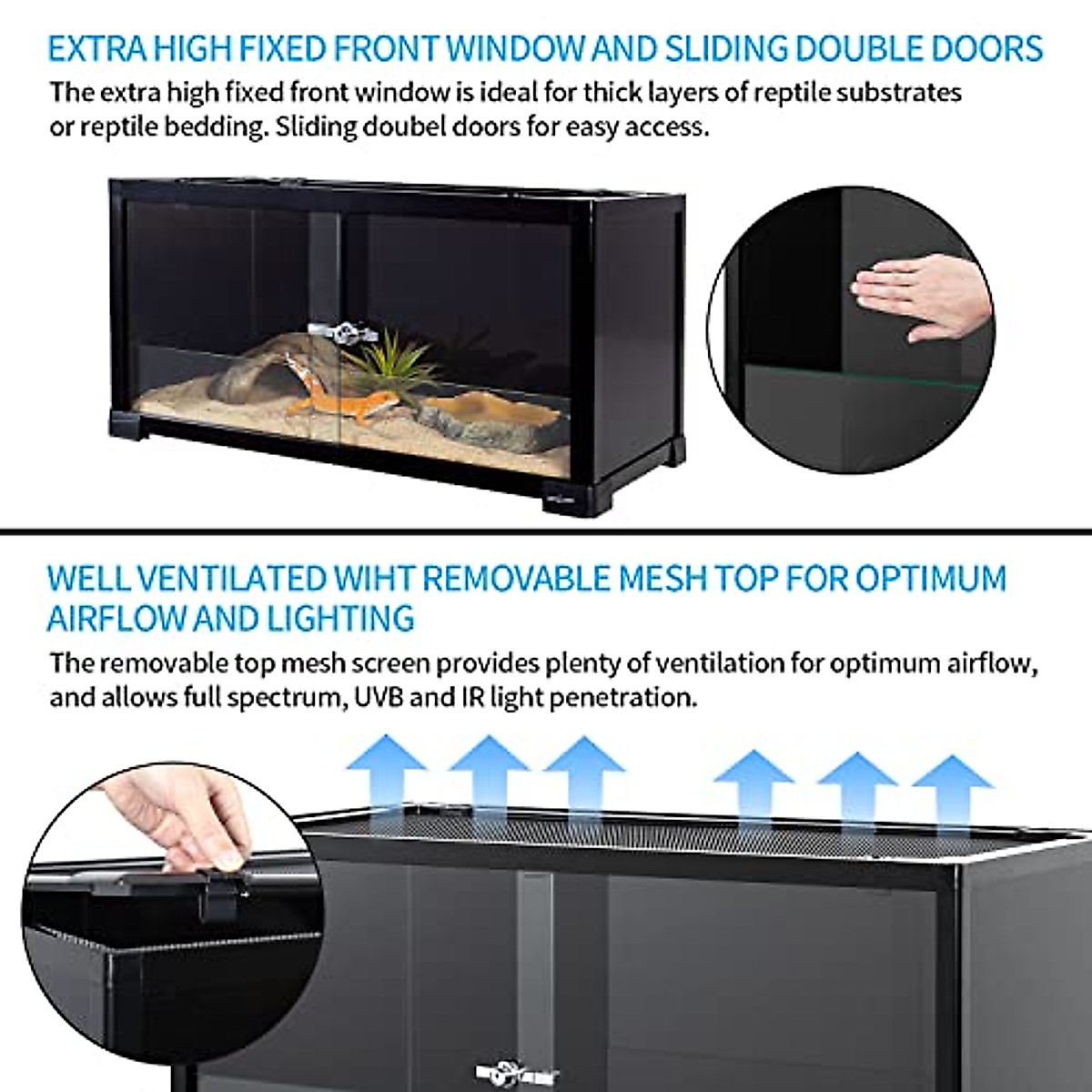 REPTI ZOO Glass 15 Gallon Reptile Tank 24" X 12" X 12", Black-Tinted ECO Reptile Terrarium