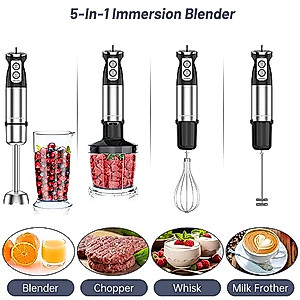 Immersion Blender 800W, 5 in 1 Hand Blender, 24 Speed and Turbo Mode Immersion Blender Handheld, Stick Blender Stainless Steel Blade with Mixing Beaker, Chopper, Whisk and Milk Frother