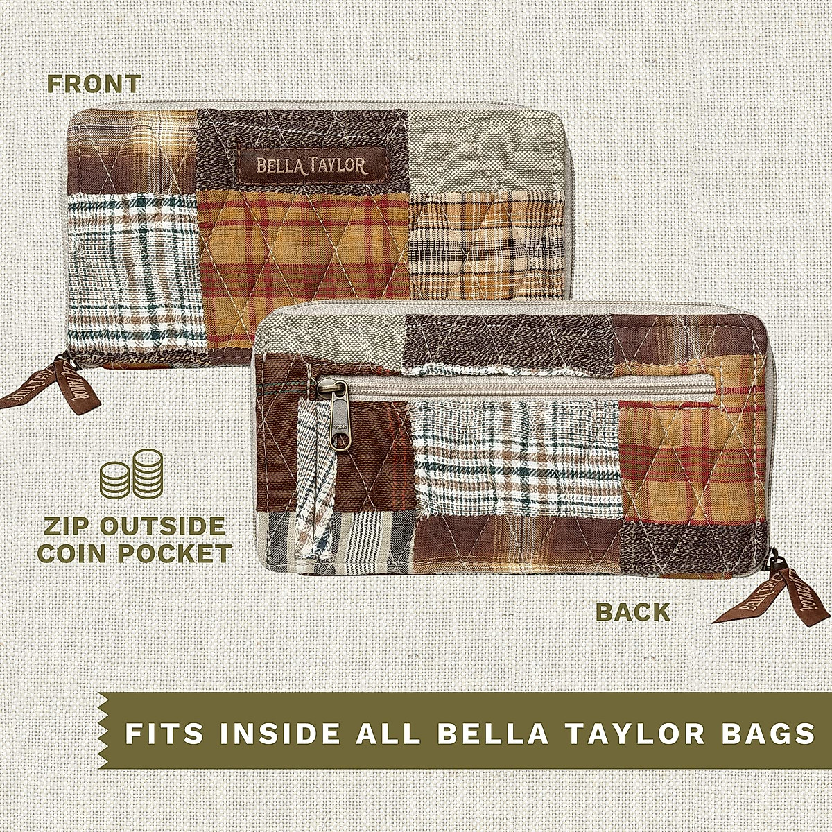 Bella Taylor Slim Card Wallet for Women | Multi Card Zip Around Wallet with RFID Protection | Quilted Cotton Rory Tan and Brown Patchwork