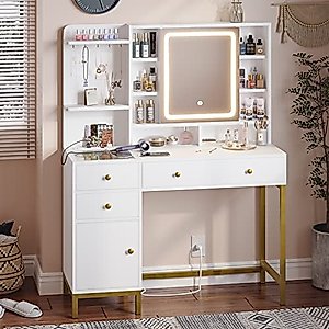AOGLLATI Makeup Vanity with Lights in 3 Colors, White Vanity Desk with Mirror and Lights, Vanity Table with Charging Station, Makeup Desk with Visible Drawers, Hidden and Open Storage Shelves