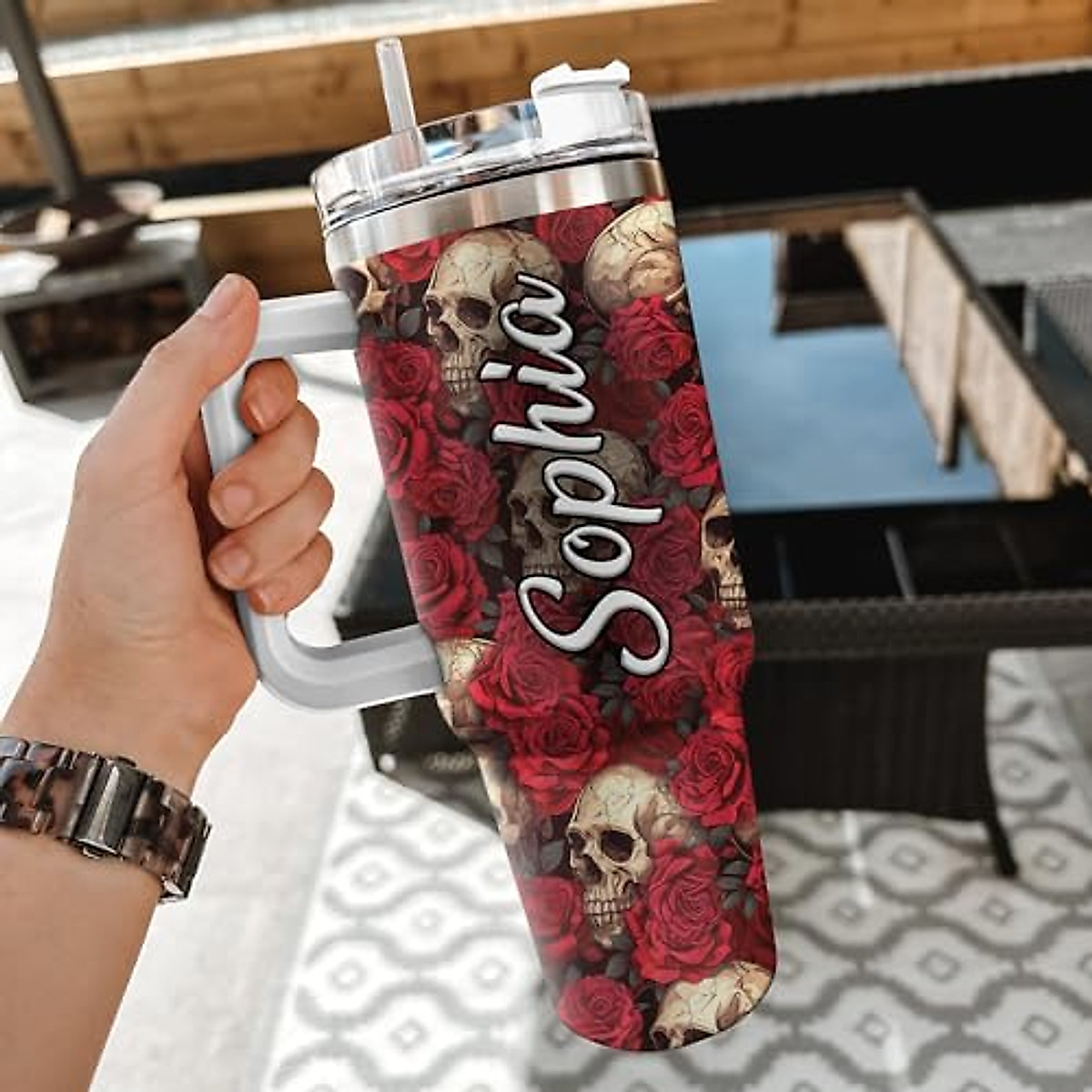 Hyturtle Personalized Gothic Skull Tumbler - Sunflower Gifts For Skeleton Lover - Horror Lover Gift - Gift For Women On Halloween - Skull Lover Gift - Custom Travel Coffee Cup 40oz With Lid And Straw