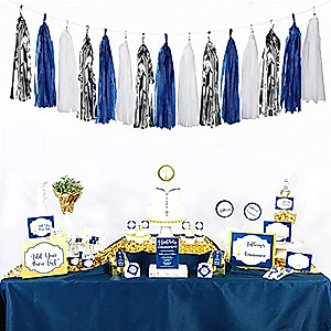 Navy Blue White Silver Party Decorations,23pcs Kit Graduation 2023 Tissue Paper Pom Poms Streamers,Tassel Garland Banner Flowers,Men Birthday Bachelorette Baby Shower Christmas Decor Lasting Surprise