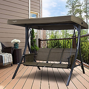 Kozyard Brenda 3-Seat Patio Swing Chair, Outdoor Porch Swing Glider with Adjustable Canopy, Side Pouches, Breathable Seat and Back, for Garden, Poolside, Backyard (Taupe)