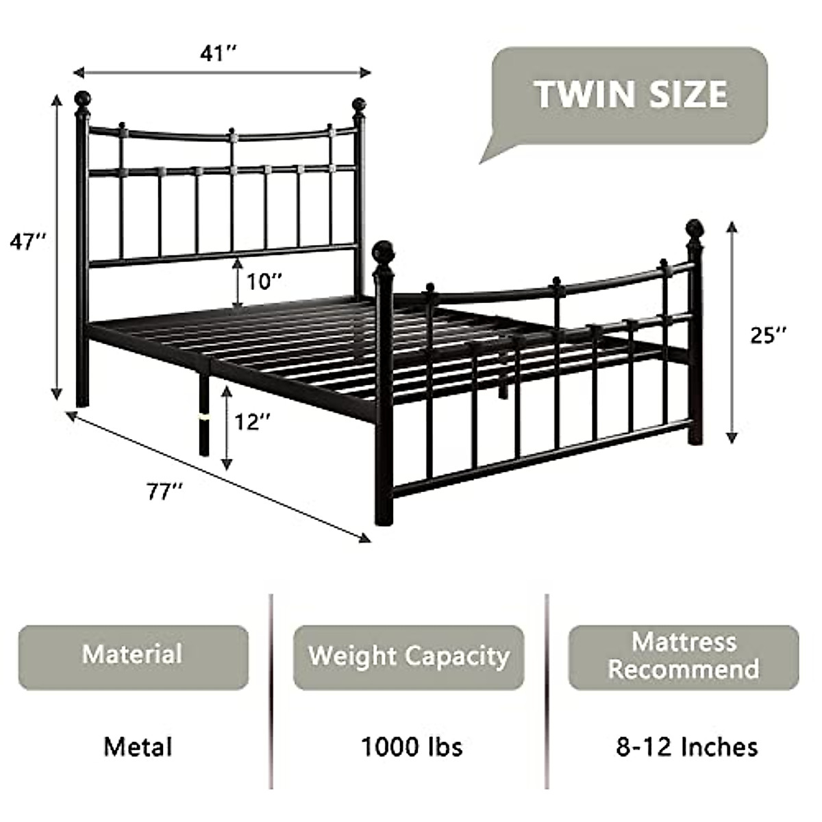 Feonase Twin Size Metal Bed Frame with Headboard, Modern Heavy Duty Platform Bed Frame with 14 Steel Slats Support, 12" Under Bed Storage, No Box Spring Needed, Easy Assembly, Noise-Free, Black