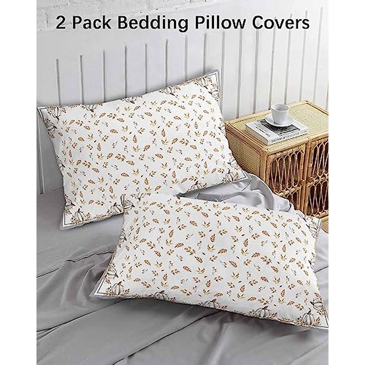 Edwiinsa Thanksgiving Pillow Covers King Standard Set of 2 Bed Pillow, Fall Pumpkin Farmhouse Maple Leaf Grey Plush Soft Comfort for Hair/Skin Cooling Pillowcases with Envelop Closure 20''x36''