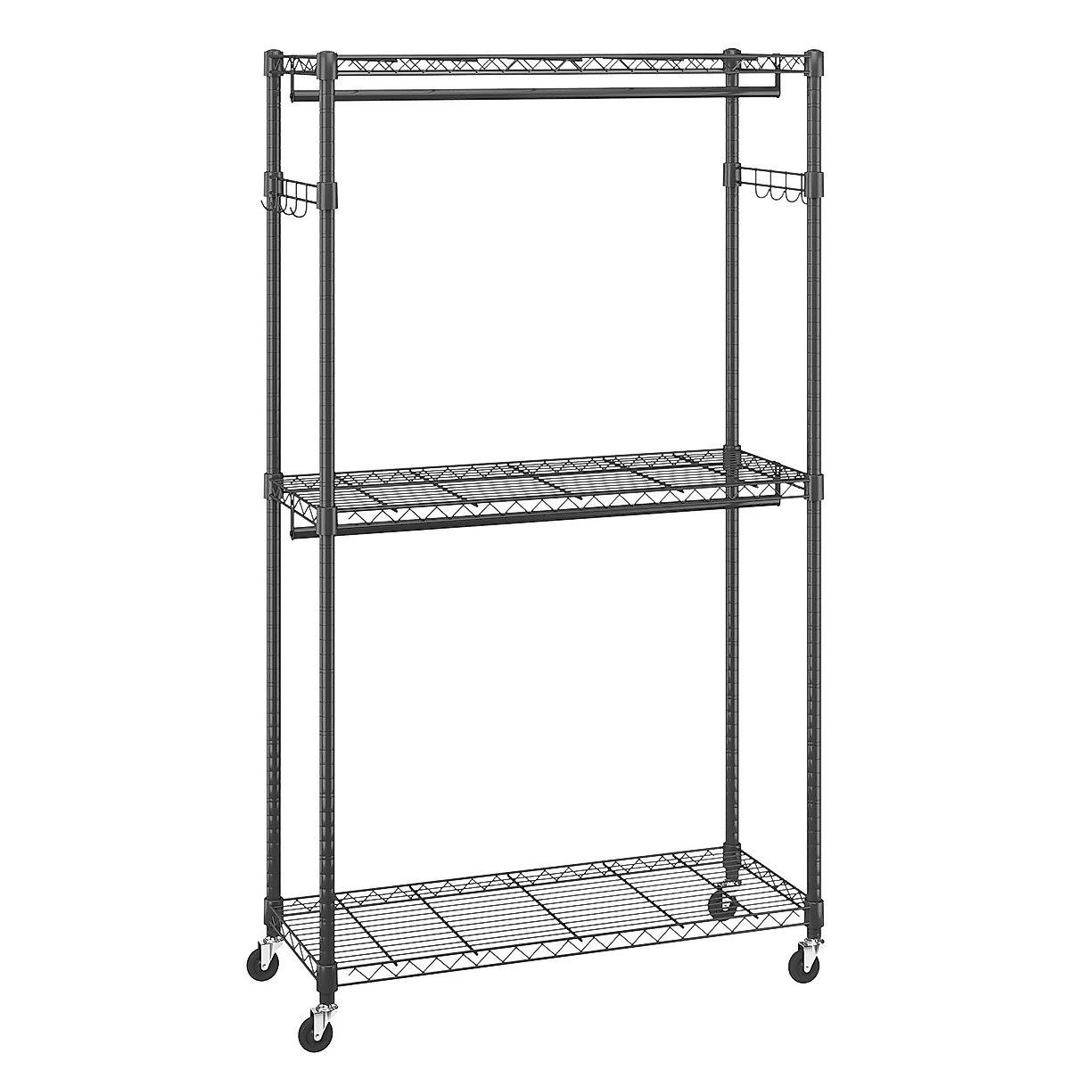 VEVOR Heavy Duty Clothes Rack, Rolling Clothing Garment Rack with 3 Storage Tiers, 2 Rods and 2 Pairs Side Hooks, Adjustable Height Clothing Rack Closet for Hanging Clothes, 400 Lbs Load Capacity