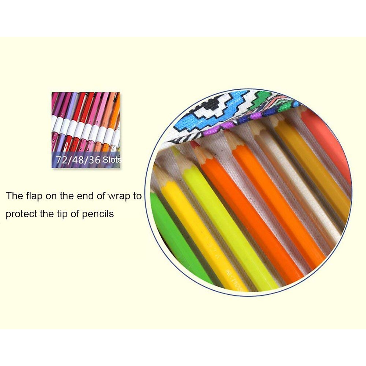 Handmade Canvas Pencil Roll Wrap 72 Holes, Multiuse Roll Up Pencil Case Large Capacity Pen Curtain for Coloring Pencil Holder Organizer,White