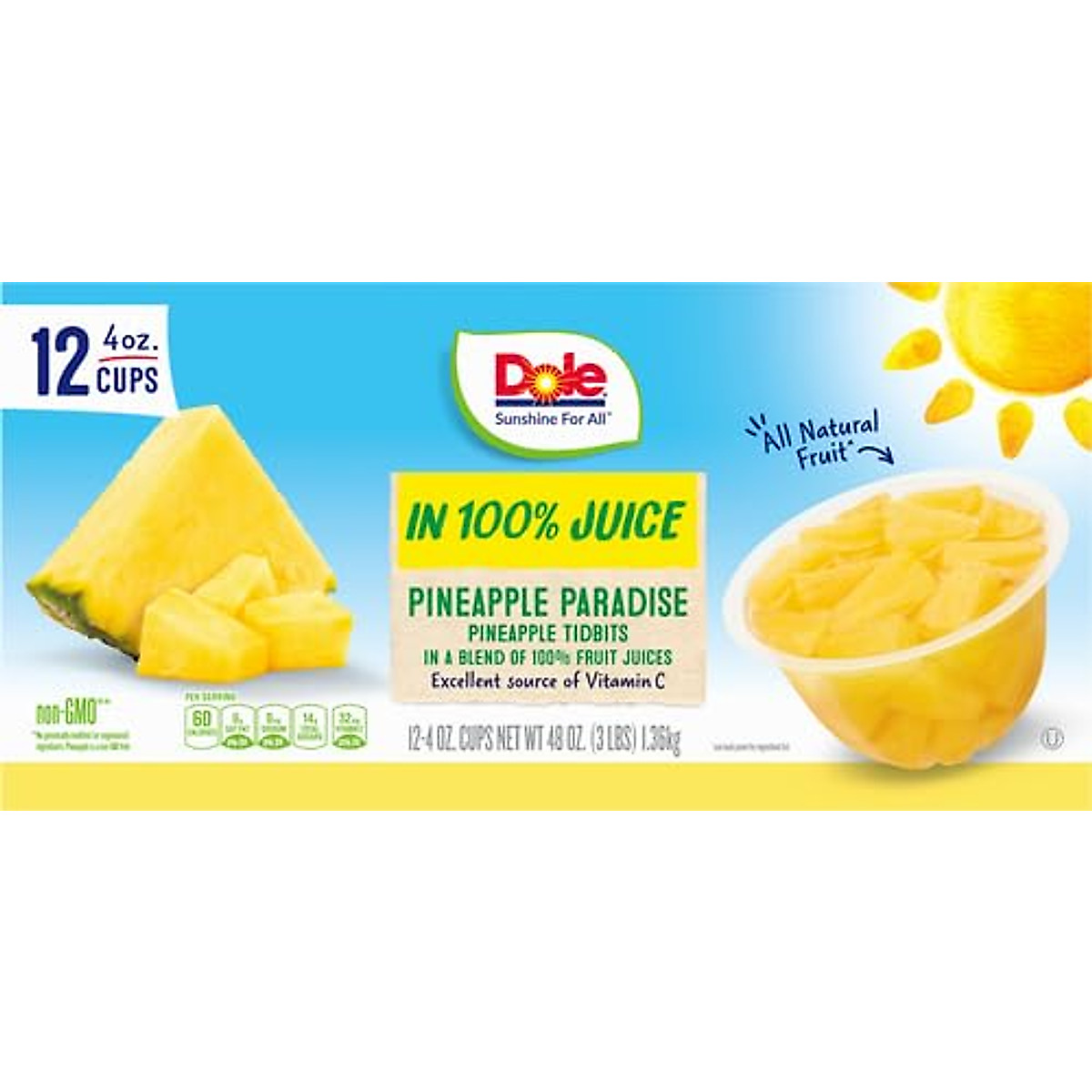 Dole Pineapple Paradise Pineapple Tidbits in a Blend of 100% Fruit Juices Snacks, 4oz 12 Total Cups, Gluten & Dairy Free, Bulk Lunch Snacks for Kids & Adults