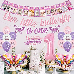 Butterfly 1st Birthday Decorations for Girls Pink Purple Our Little Butterfly is One Banner Cake Topper Photo Banner 1st Bday Girl Butterfly One High Chair Banner Floral Party Decoration for Girls