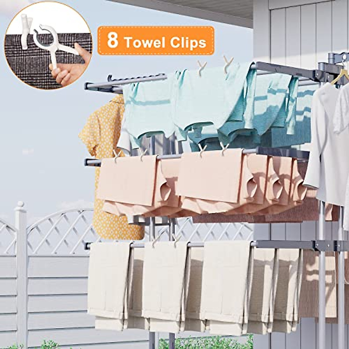 Raybee Clothes Drying Rack Folding Indoor 5-Tier 73.6" H Laundry Drying Rack Oversized Drying Rack Clothing Foldable Clothes Rack Drying with Wheels Outdoor Use