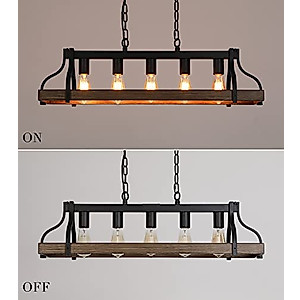 MEIXISUE Rustic Kitchen Island Dining Room Light Fixture Farmhouse Linear Chandelier Black and Retro Wood Finish 5-Light Industrial Metal Hanging Pendant Light UL Listed L33.5 W10.6