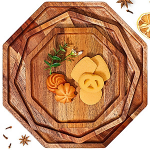 3 Pieces Acacia Wood Serving Tray Wooden Octagon Bread Fruit Platter Large Decorative Plates Charcuterie Cheese Platter Board Vegetable Food Dish for Salad Pizza Cupcakes (12 Inch, 10 Inch, 8 Inch)
