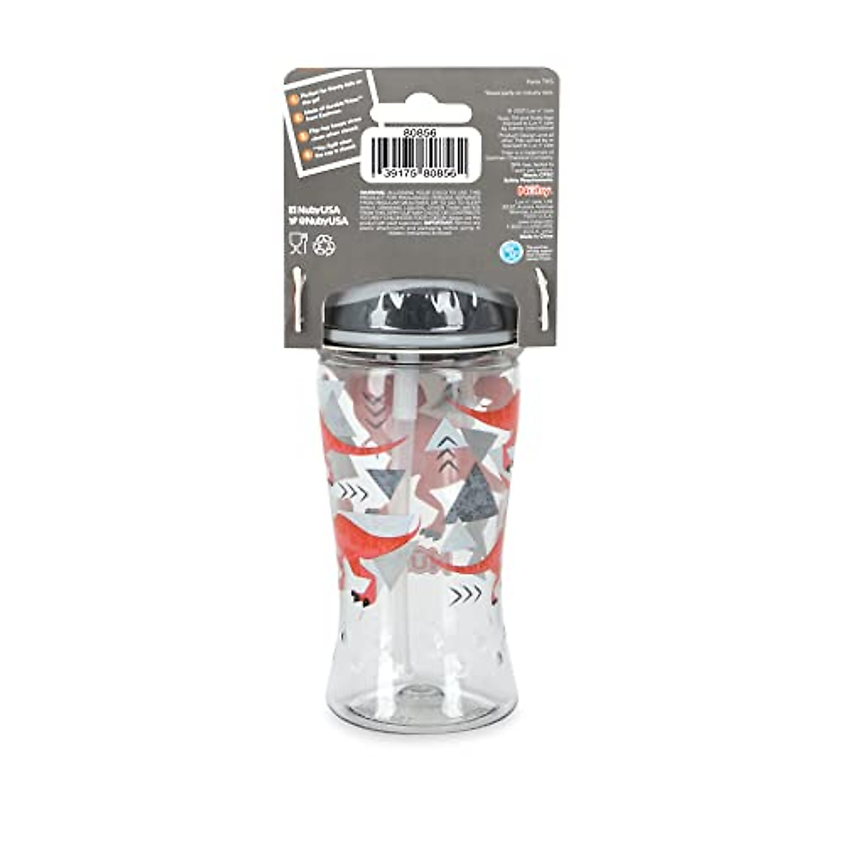 Nuby Thirsty Kids No Spill Flip-It Boost Tritan Travel Cup with Soft Silicone Straw, 12 Oz, T-Rex