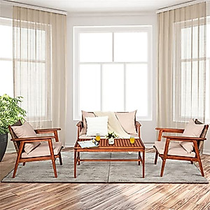 NICEDAYFY 4PCS Patio Rattan Furniture Set Acacia Wood Frame Cushioned Sofa Chair Garden Perfect to Be Placed in Your Patio, Poolside and Garden