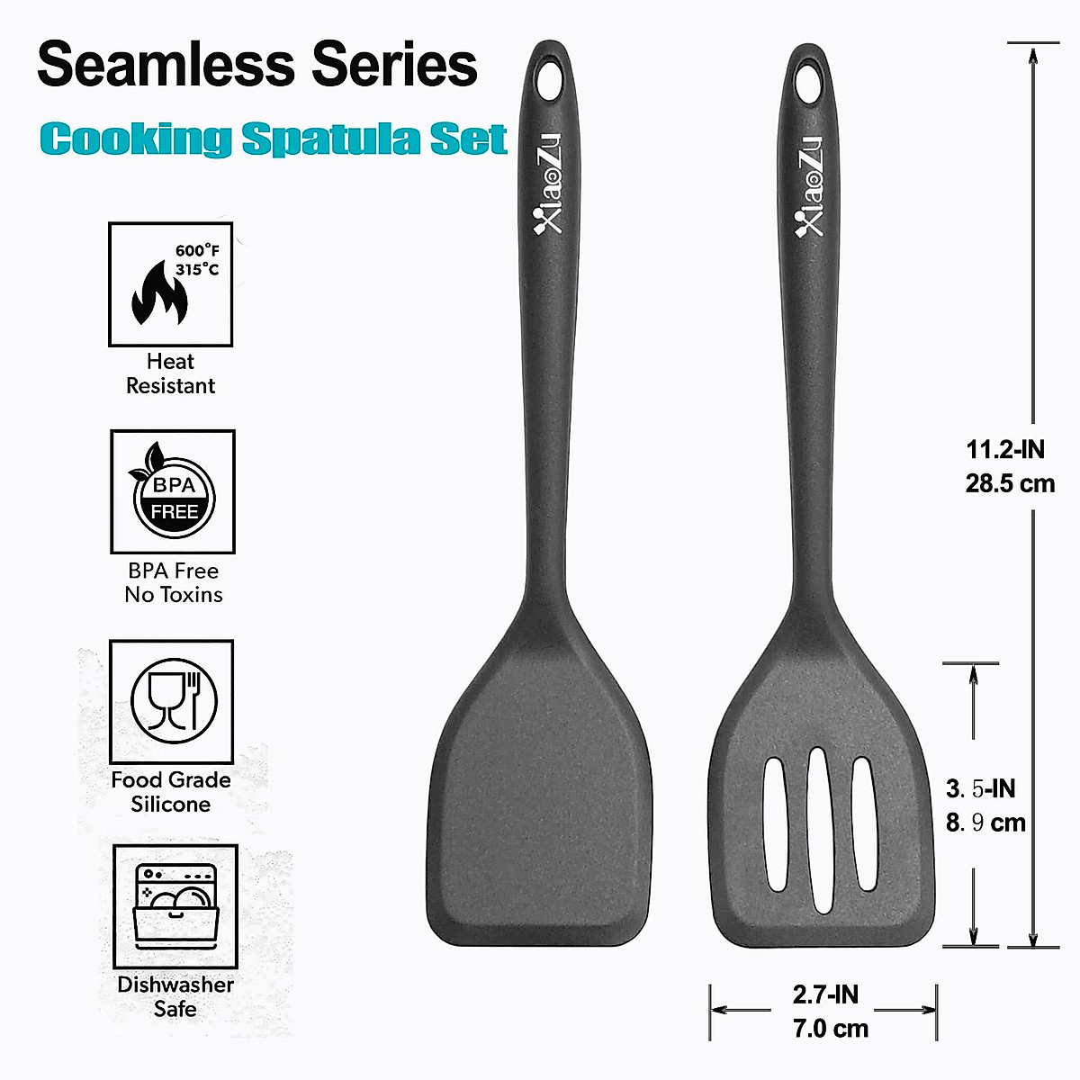 Silicone Spatula Turner Set, High Heat Resistant Spatulas with Seamless One Piece Design, Nonstick Rubber Flippers Utensils for Baking & Cooking,BPA-Free, Black,11 IN