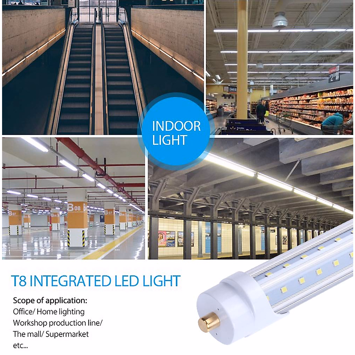JOMITOP T8 8FT LED Tube Light 8 Foot,Need Bypass Ballast, 65W V Shaped Single Pin FA8 Base,6000K Cool White, (Replace 150W LED Fluorescent Bulbs),Dual-Ended Power AC 85-277V 4 Pack