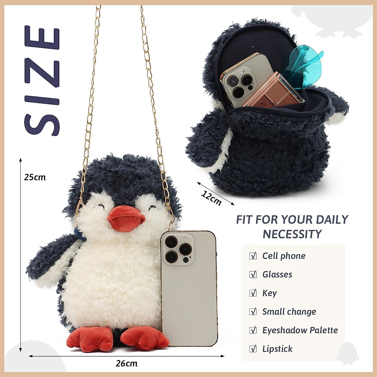 Ynport Novelty Chicken Purse for Women Cute Fluffy Penguin Sheep Animal Shoulder Bag Funny Cute Cartoon Crossbody bag
