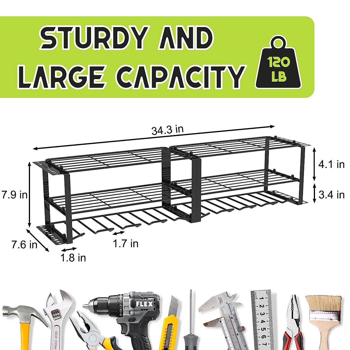 POSHGRAND Power Tool Organizer, 8 Drill Holder Wall Mount, 3 Layers Garage Tool Organizers and Tool Storage Rack, Heavy Duty Metal Tool Shelf for Screwdriver Plier Hammer Holder 17.15" 2 sets