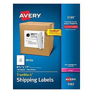 Avery(R) White Laser Permanent Full-Sheet Labels, 8 1/2in. x 11in., Box of 100, 5165
