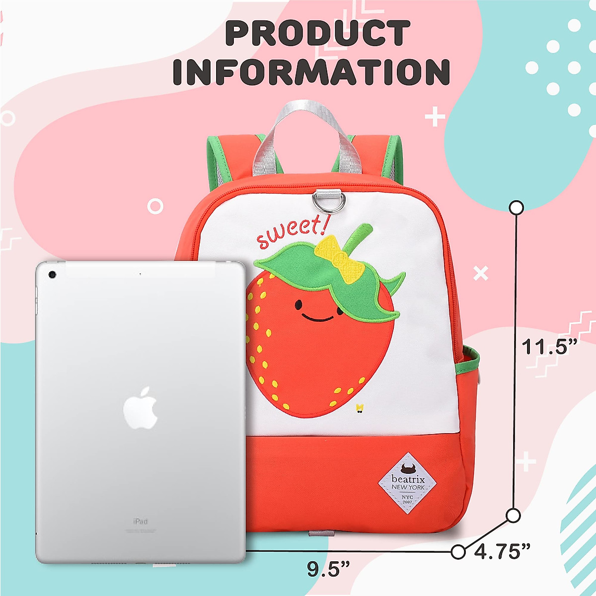 Beatrix New York - Toddler & Kids 11.5" Backpack Bag with Removable Leash for Girls & Boys (STRAWBERRY), Ideal for Preschool & Kindergarten Back to School