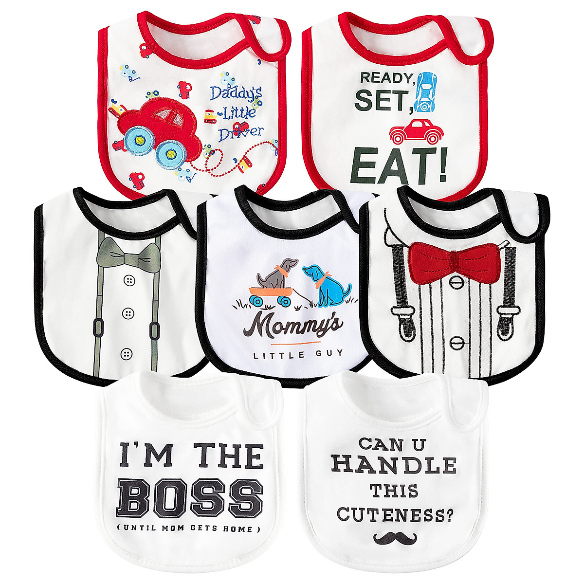 2ooya 7Pcs Cotton Waterproof Baby Bibs Adjustable Hook Loop Closure Infant Bib Unisex Black Red Newborn Babies Food Bibs Baby Keepsake Gift for Eating Teething Drooling Feeding（6-12 Months）