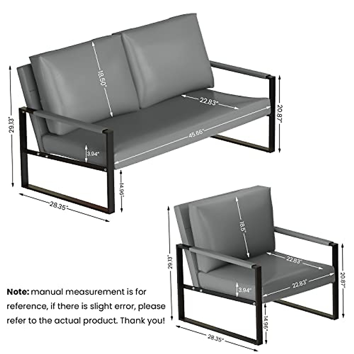 Lamerge Mid-Century Retro Modern Living Room Sofa Set with Loveseat and Seating Sofa Chair, Upholstered Couch and Accent Chair with Armrest, Living Room Set for Small Space, APT, Office (Grey)