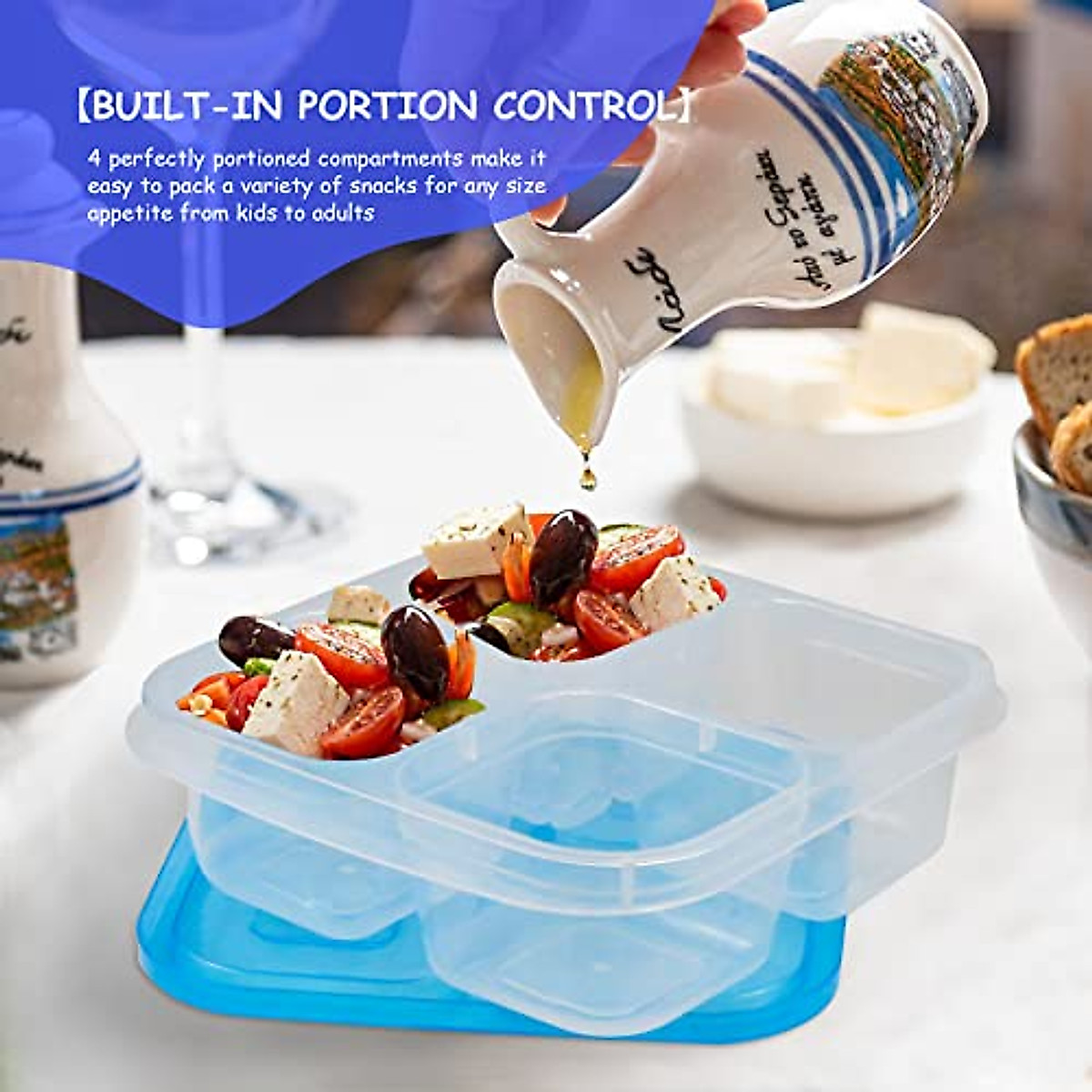 Bercoor Set of 6 Bento Snack Boxes, Meal Prep Container, 4 Compartments Leakproof Food Prep Containers for School, Work and Picnic