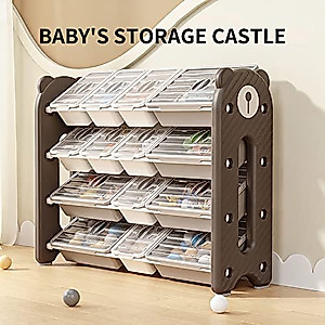 UNICOO Kids Baby Bear Toy Organizer Rack, 14 Bins with Dustproof Storage Cover for Baby Essentials, Kids Toys & Supplies 4 Tier Large Size (Bear Organzier -Brown)