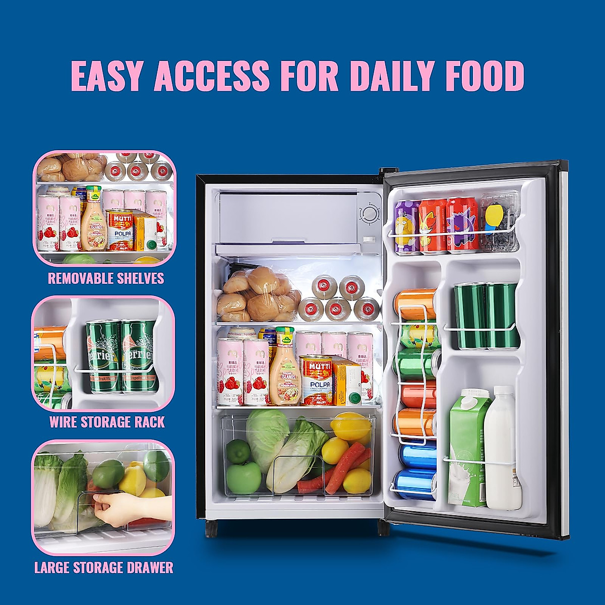 WANAI 3.2 Cu.Ft Mini Fridge with Freezer, Single Door Small Compact Refrigerator with 5 Adjustable Thermostat, LED Light, 3 Removable Shelves for Office, Dorm, Bedroom, Apartment, Kitchen Silver