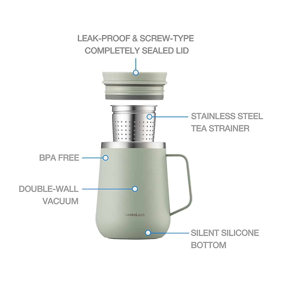 LocknLock Metro Tea Mug Mint 13oz/400ml, Tea and Coffee Mug Cups with Tea Infuser Strainer, Lid and Handle, Double Wall Stainless Steel Vacuum Insulated Travel Tumbler