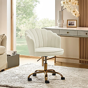 HULALA HOME Velvet Home Office Chair with Gold Base, Womans Modern Cute Shell Back Upholstered Desk Chair for Vanity, Adjustable Swivel Task Chair for Living Room, Ivory Chair for Desk
