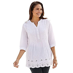 Woman Within Women's Plus Size Embroidered Cotton Tunic - 2X, White Eyelet Embroidery