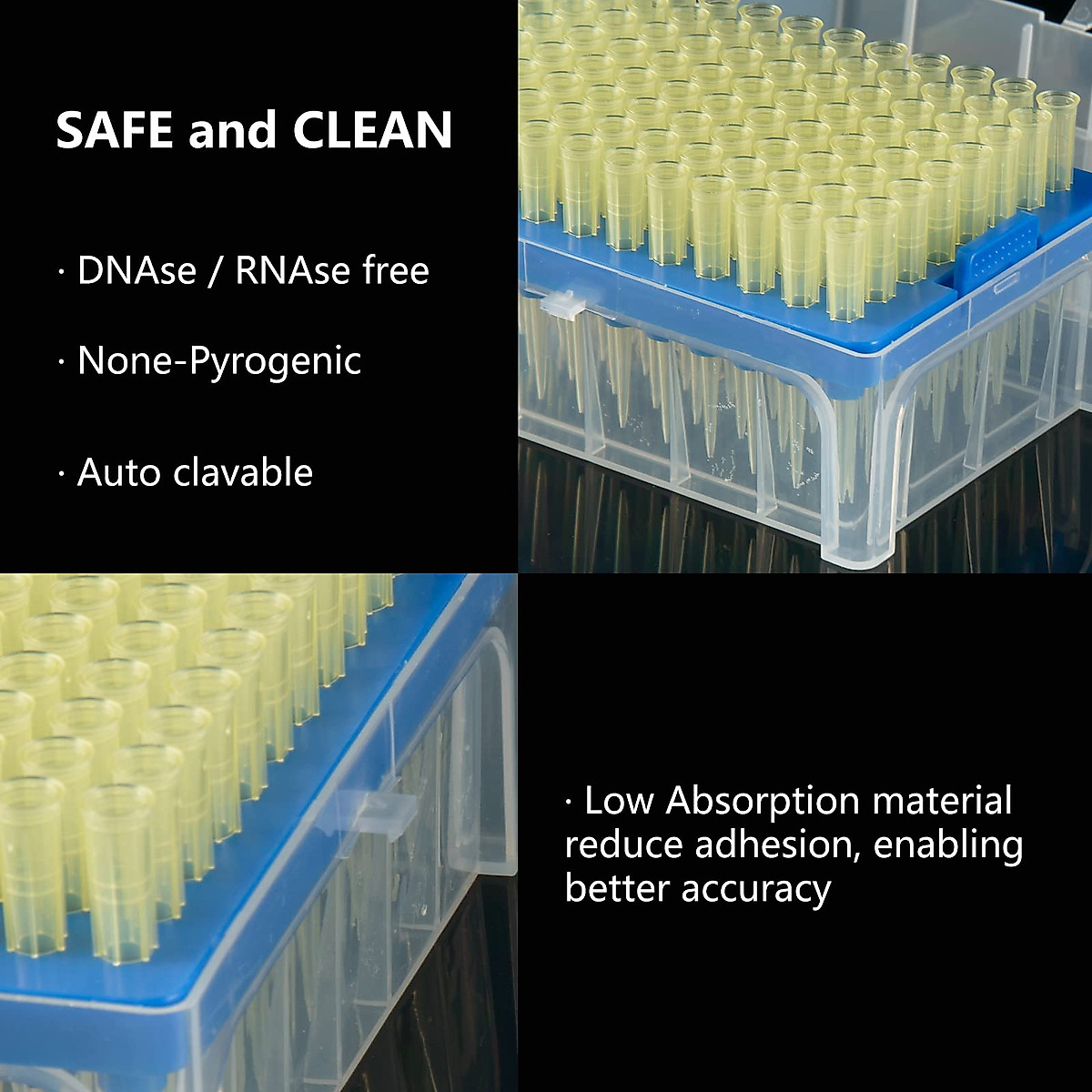 Eowpower 10Boxs 960Pcs Yellow 200ul Pipettor Universal Pipette Tips - Racked, Non-Pyrogenic DNAse/RNAse Free, 96 Tips/Rack