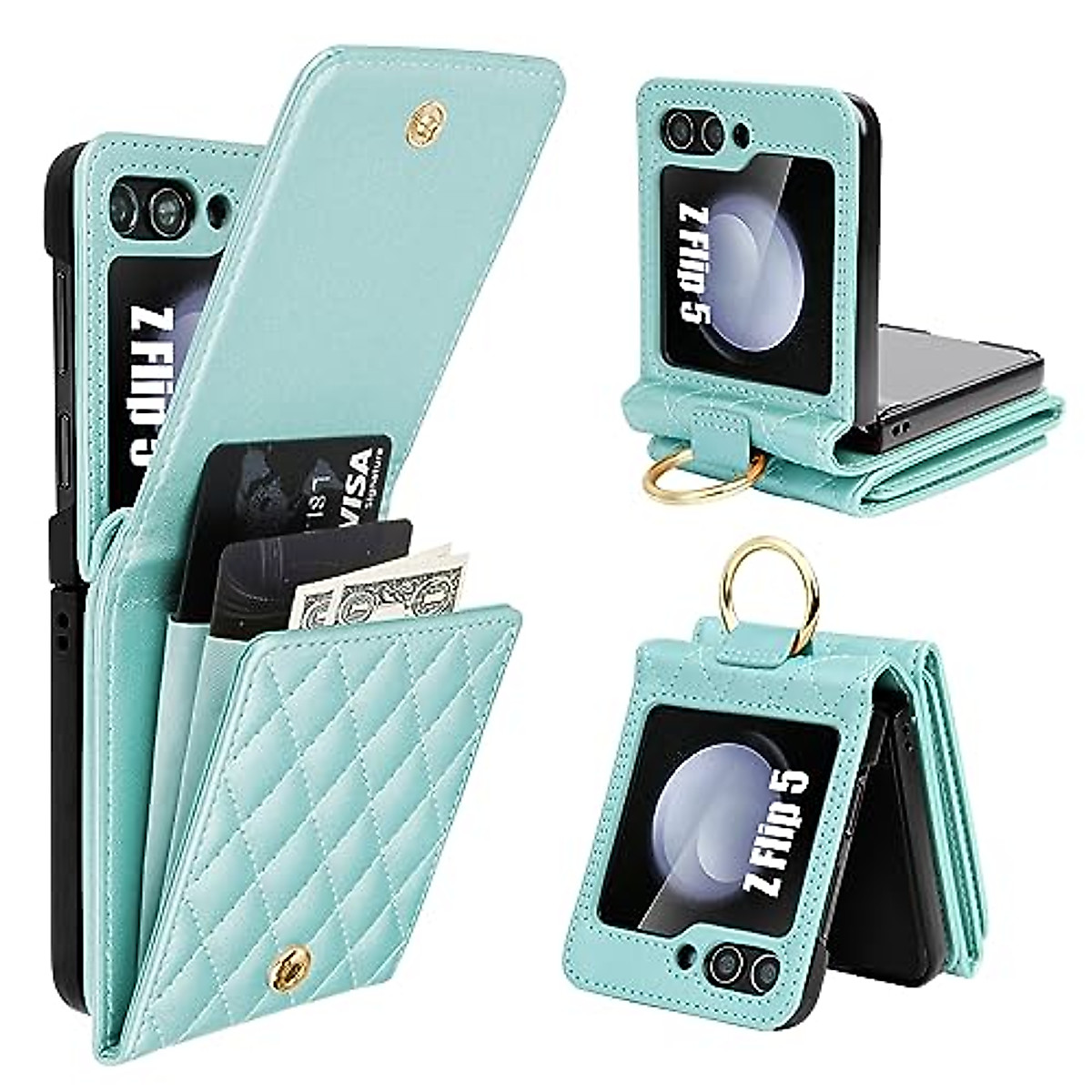 KSRIDOTE for Samsung Galaxy Z Flip 5 Case,Galaxy Z Flip 5 Phone Case Wallet with Card Holder & Ring Crossbody Wallet Case Luxury Gift for Women, Mint Green