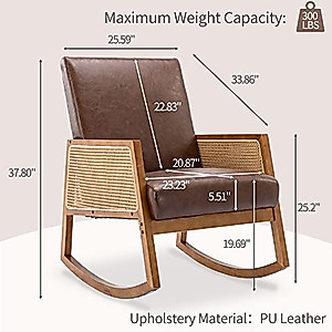 Olela Rocking Chair Nursery, Mid Century Modern Glider Chair Faux Leather Upholstered Rattan Chair, Modern Single Accent Chair with Wood Arm Rests for Living Room Bedroom Office (Brown-PU)