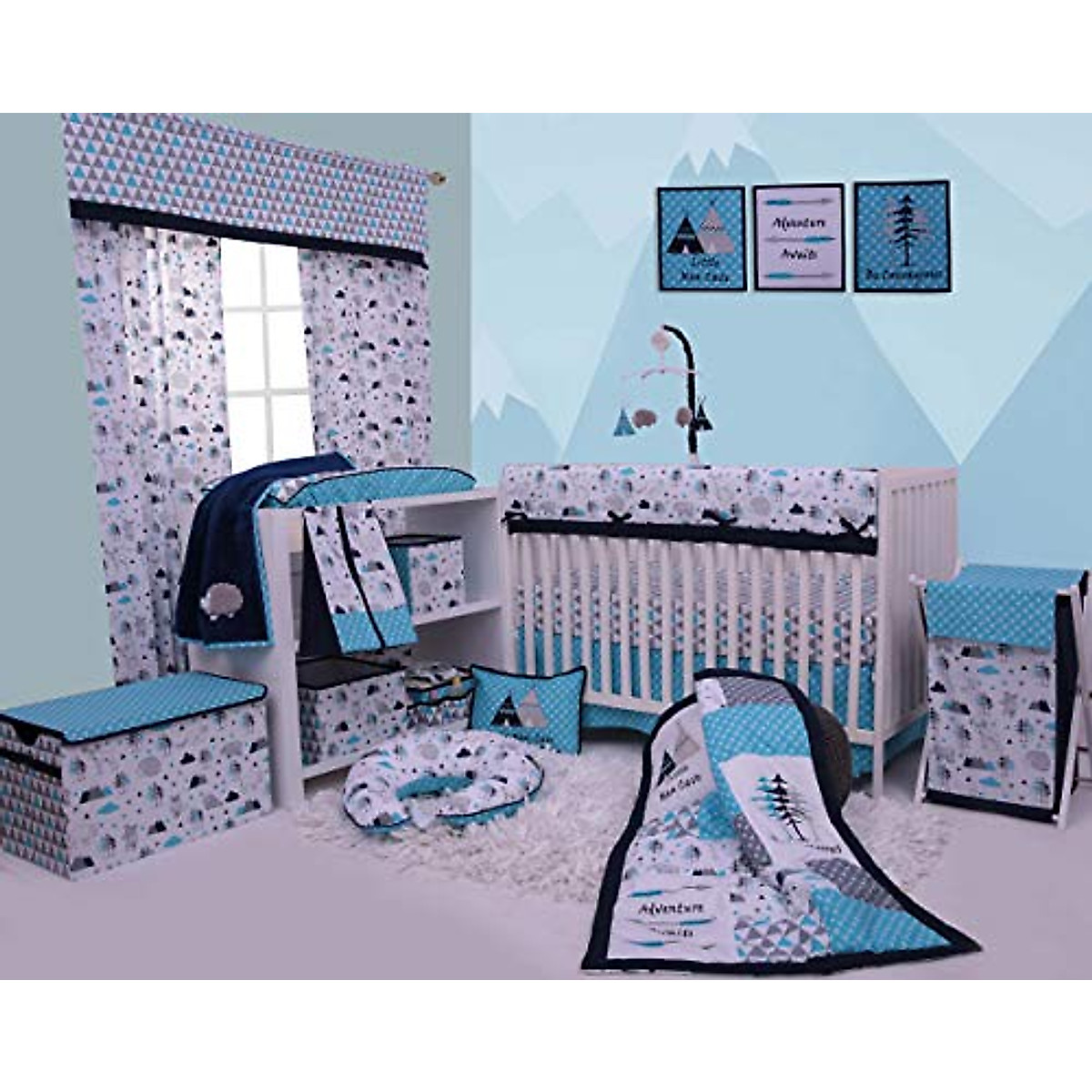 Bacati Woodlands Boys Cotton Hamper, Aqua/Navy/Grey
