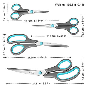 Asdirne Scissors Set of 4, Premium Stainless Steel Razor Blades, Ergonomic Semi-Soft Rubber Grip, Suitable for School, Office and Family Daily Use, 9.6''/8.5''/6.4"/5.4", Blue&Gray