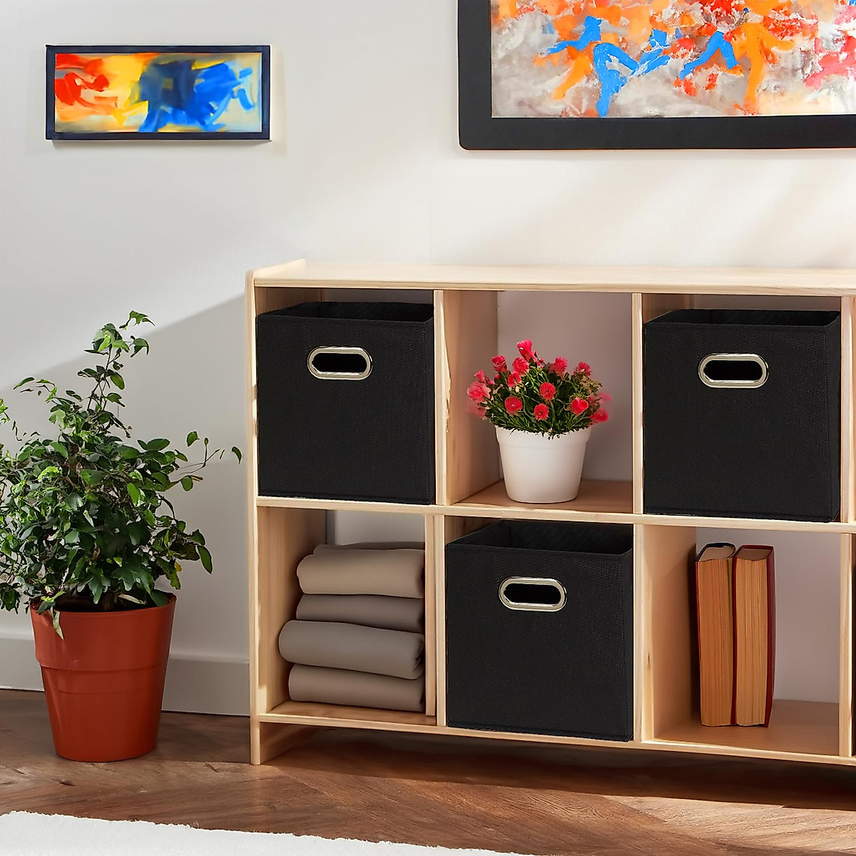 11 Inch Fabric Storage Bins Cubes Sturdy Collapsible Storage Bins & Handle 6 Foldable Baskets for Organizing Clothes Books closet organizer and storage Fabric Storage Cubes for Shelves,Closets Black