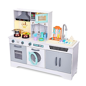 Lil’ Jumbl Kids Wooden Kitchen set, Pretend Working Sink with Real Running Water, includes Range Hood, Microwave & Stove Top That Make Realistic Sound & Light, Full Accessory Set Included