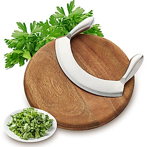 8.7 Inch Stainless Steel Mezzaluna Knife - Salad Chopper Rocker Pizza Cutter Rocker Knife Curved Blade Sharp Blade Double Handle Fruit Vegetable Mincing Knife